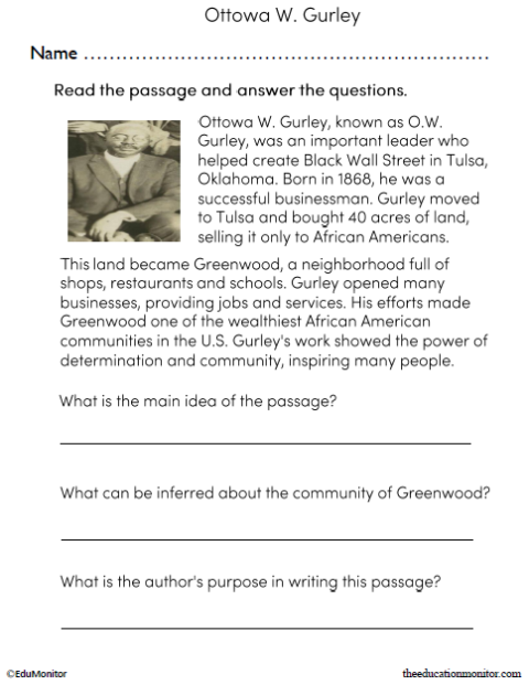 Black Wall Street Founder Ottowa W. Gurley Worksheet - EduMonitor