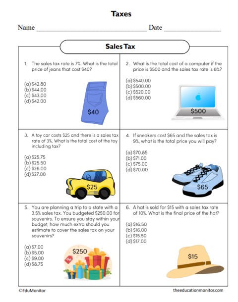 Sales Tax Worksheet - EduMonitor | Science, Math, Language Arts