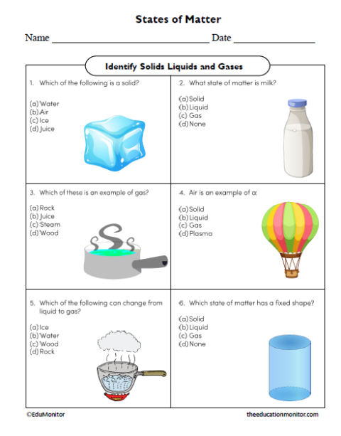 Solids Liquids and Gases Science Worksheet - EduMonitor | Science, Math ...