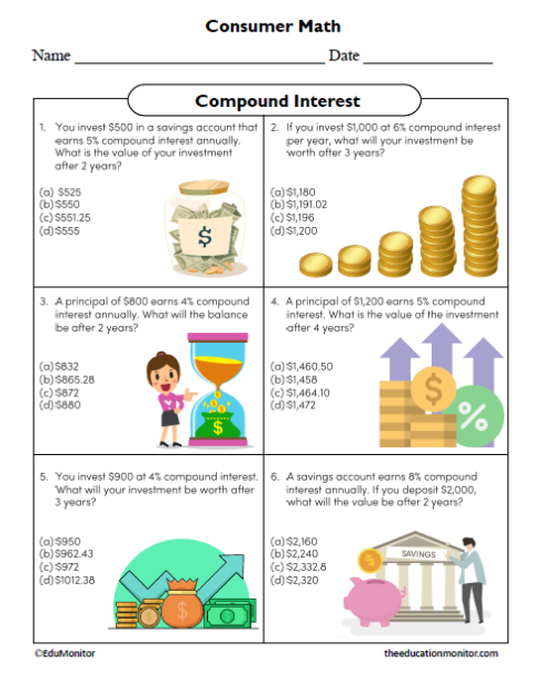 Compound Interest Eighth Grade Math Worksheet - EduMonitor | Science ...