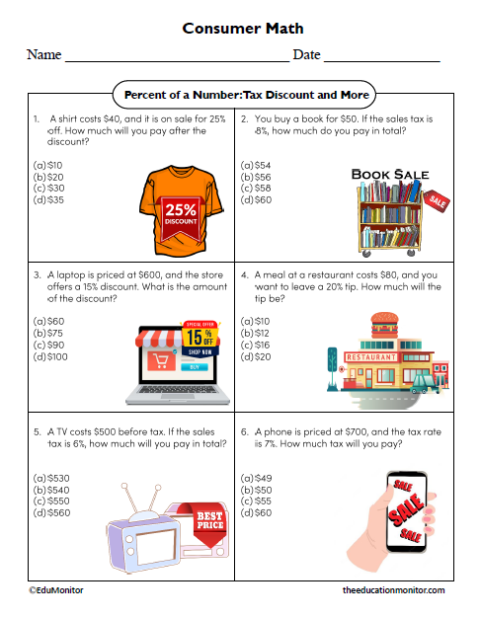 Tax and Discount Eighth Grade Math Worksheet - EduMonitor | Science ...