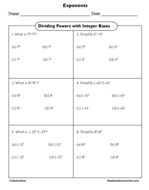 Dividing Powers with Integer Bases Eighth Grade Math Worksheet ...