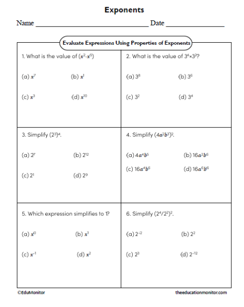 Using Properties of Exponents Math Worksheet - EduMonitor | Science ...