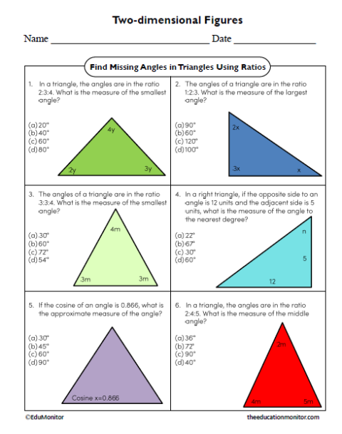 Find Missing Angles Using Ratios Eighth Grade Math Worksheet ...