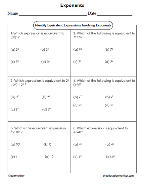Equivalent Expressions Involving Exponents Math Worksheet - EduMonitor ...