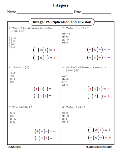 Integer Multiplication and Division: Practice Eighth Grade Math ...