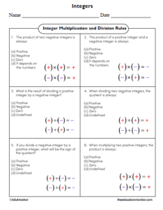 Integer Multiplication and Division Rules Eighth Grade Math Worksheet ...