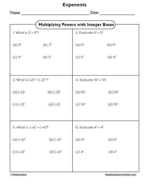 Multiplying Powers with Integer Bases Math Worksheet - EduMonitor ...