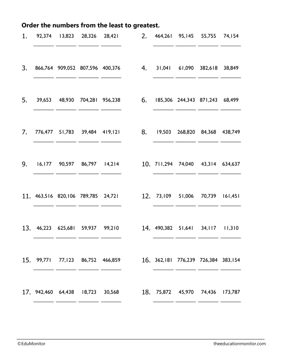 Ordering Numbers - Least to Greatest Worksheet - EduMonitor | Science ...