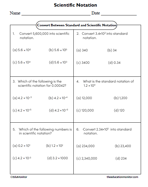 Scientific Notation Eighth Grade Math Worksheet - EduMonitor | Science, Math, Language Arts