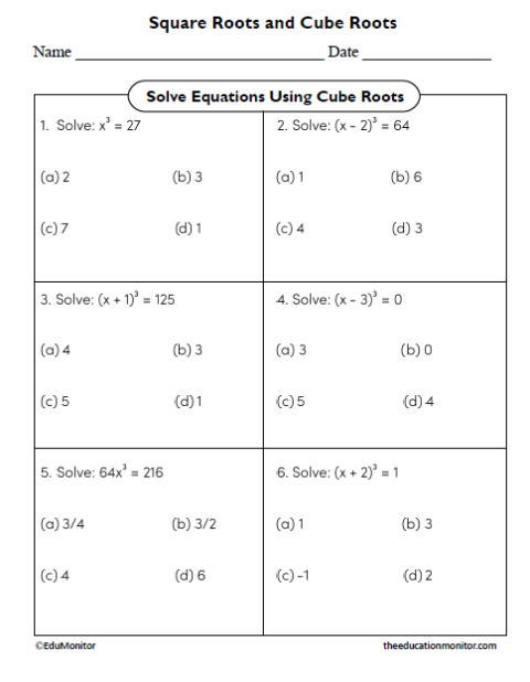 Solve Equations Using Cube Roots Eighth Grade Math Worksheet ...