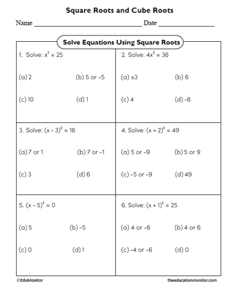 Solve Equations Using Square Roots Eighth Grade Math Worksheet ...