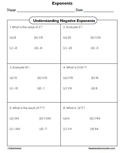 Understanding Negative Exponents Eighth Grade Math Worksheet ...