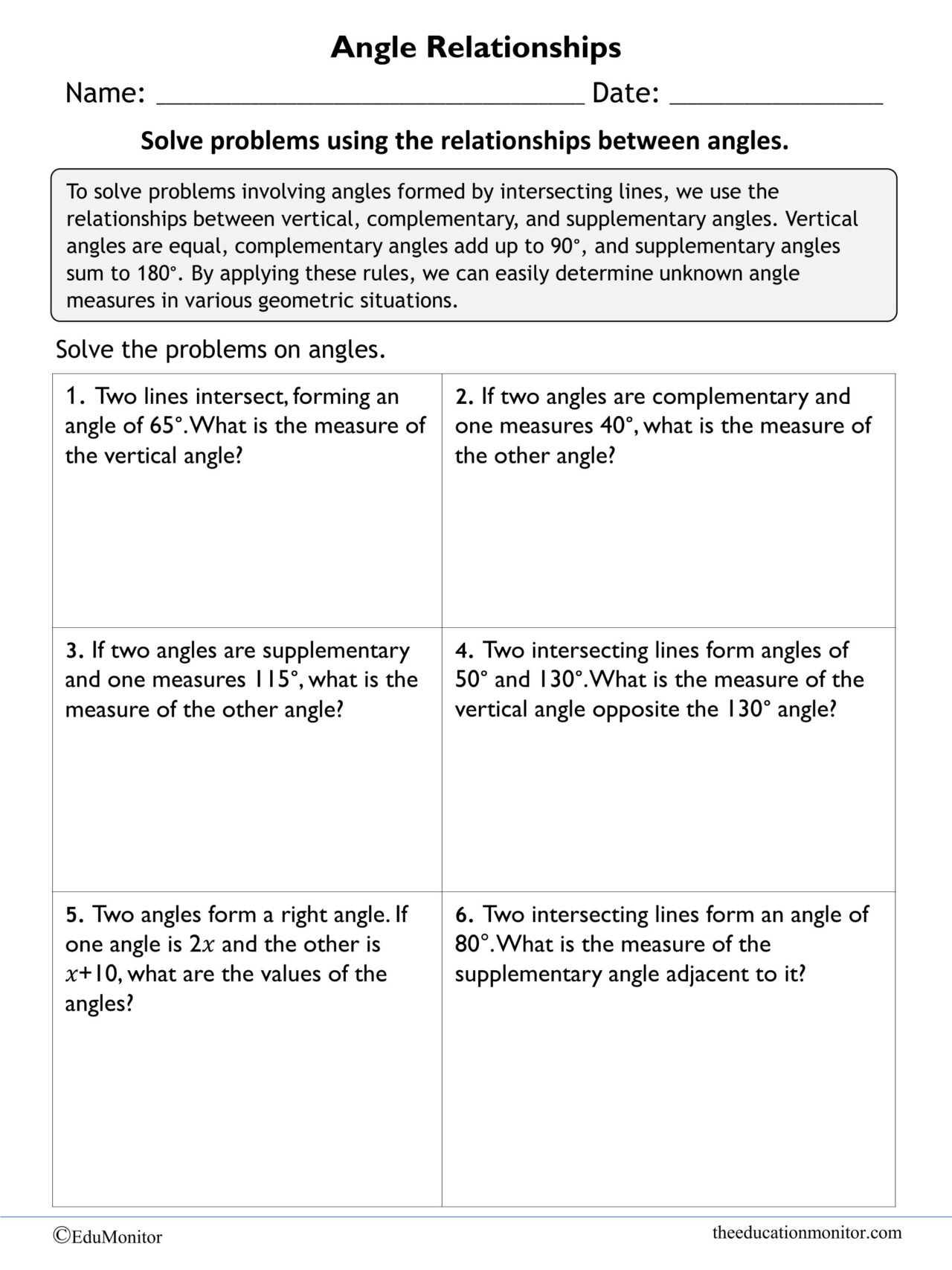Angle Relationships pdf Worksheet - EduMonitor | Science, Math ...