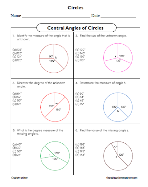 Central Angles of Circles Seventh Grade Math Worksheet - EduMonitor ...