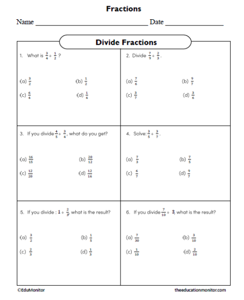 Divide Fractions Seventh Grade Math Worksheet - EduMonitor | Science ...