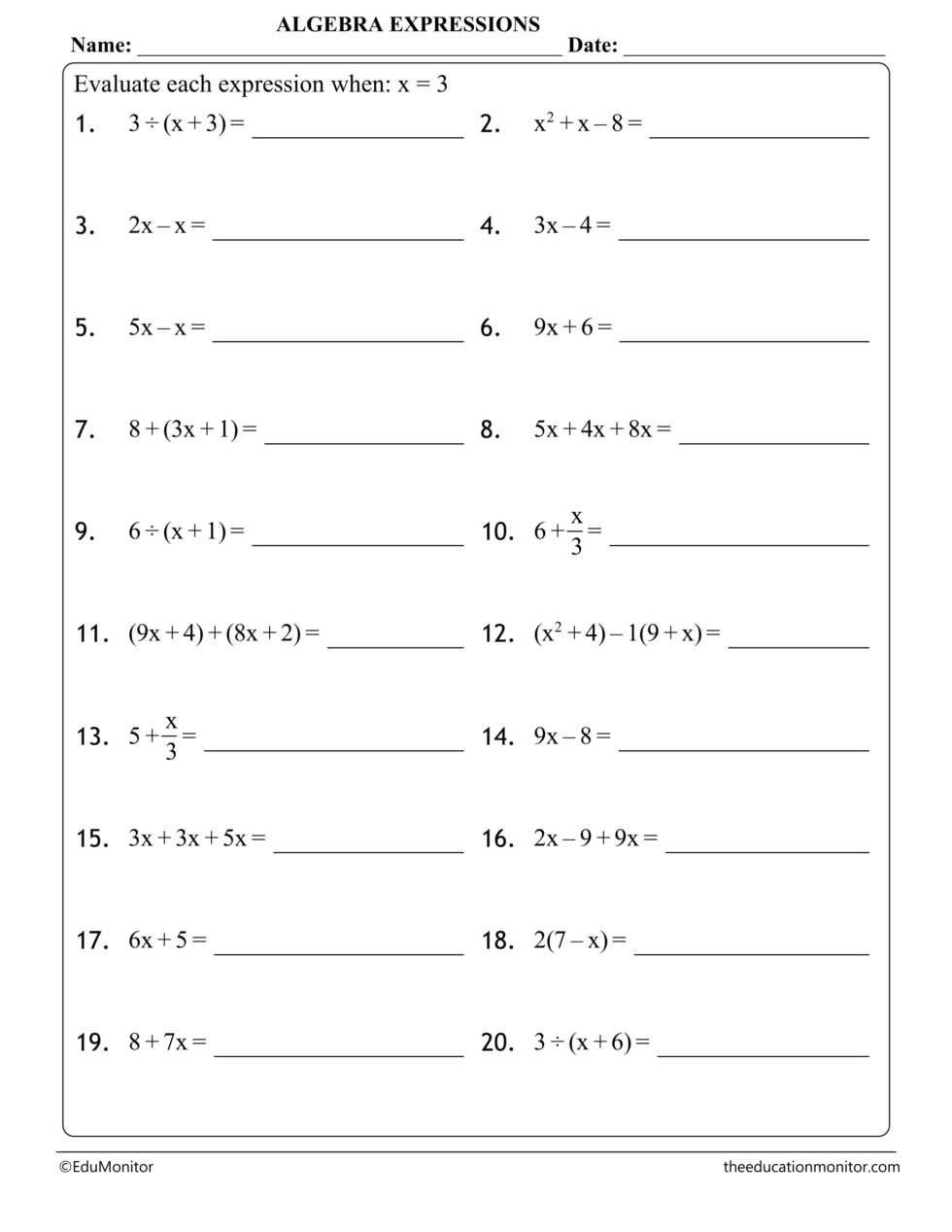Evaluate Algebra Expressions pdf Worksheet - EduMonitor | Science, Math ...