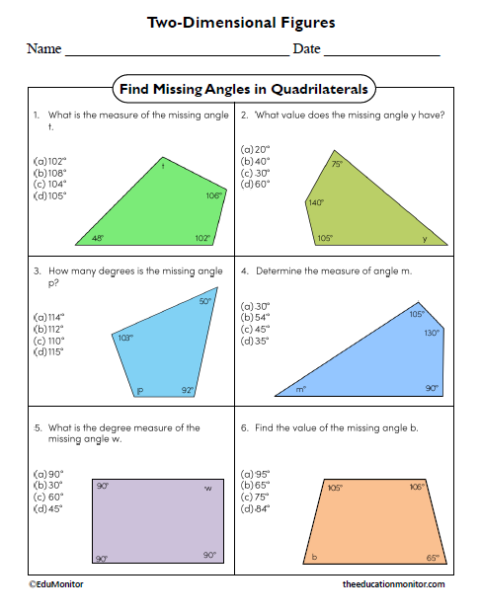 Missing Angles in Quadrilaterals Seventh Grade Math Worksheet ...