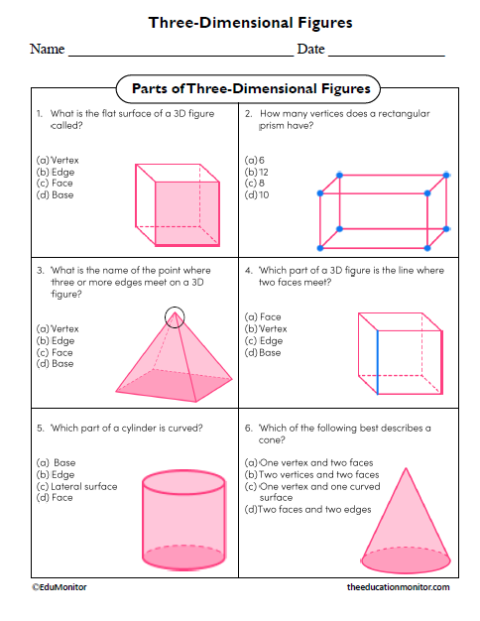 Parts of Three-Dimensional Figures Eighth Grade Math Worksheet ...