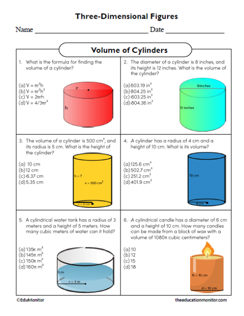 Volume of Cylinders Eighth Grade Math Worksheet - EduMonitor | Science ...