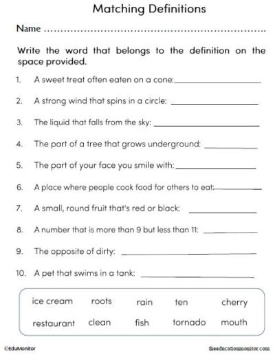Matching Definitions Vocabulary and Spelling Worksheet - EduMonitor ...