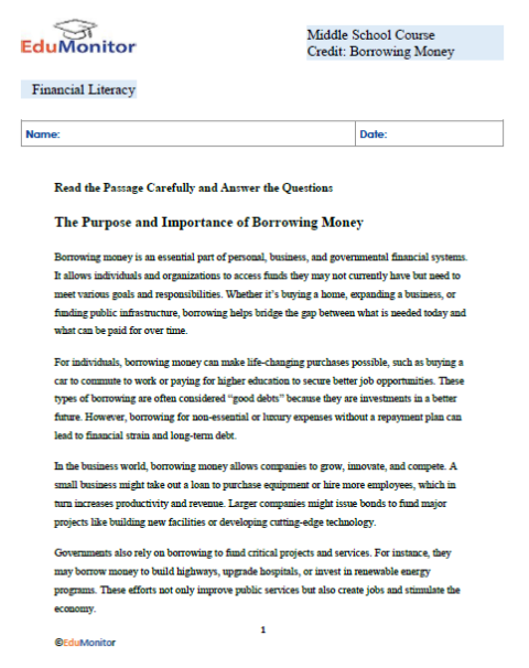 Borrowing Money Financial Literacy Worksheet - EduMonitor | Science ...