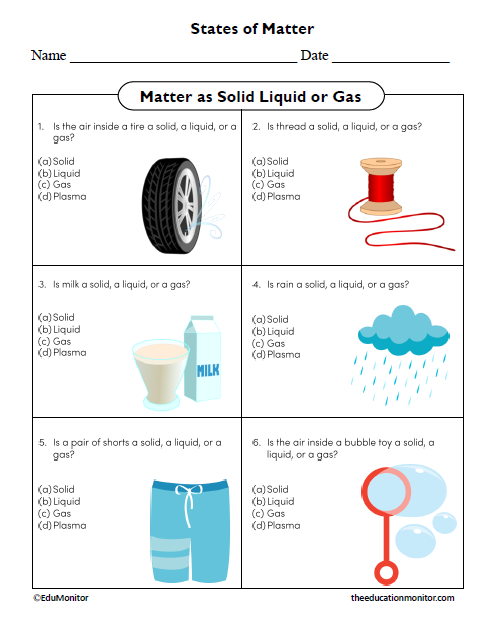 Matter as Solid Liquid or Gas Third Grade Science Worksheet ...