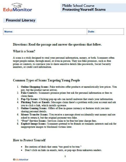 Scams Financial Literacy Booklet for Middle School - EduMonitor ...
