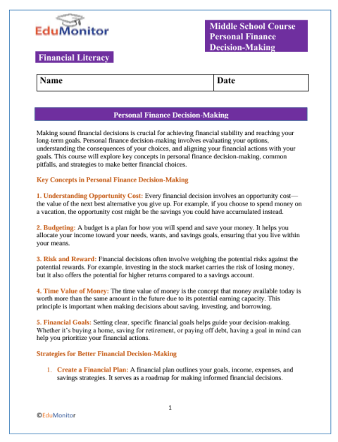 Personal Finance Decision-Making Packet for Middle School - EduMonitor ...