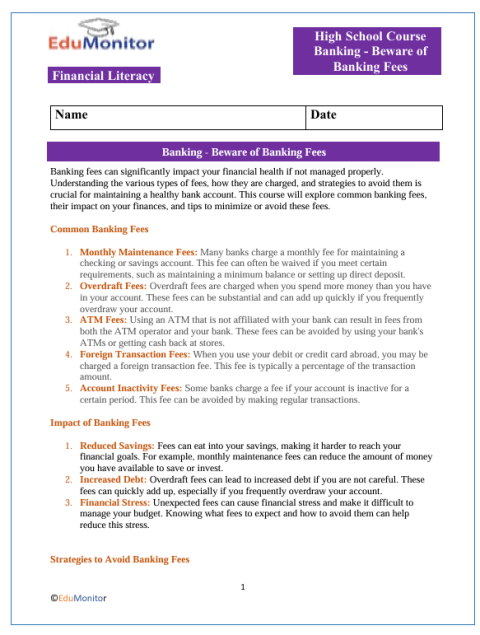 Banking Fees High School Financial Literacy Packet - EduMonitor ...