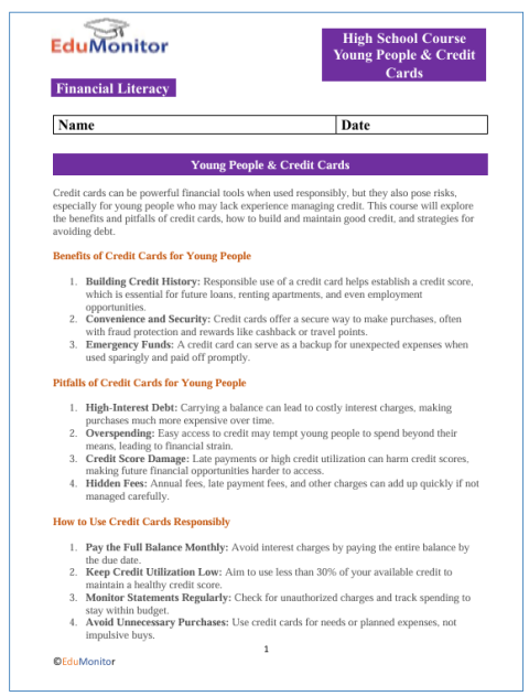 Young People & Credit Cards High School Financial Literacy Bundle ...