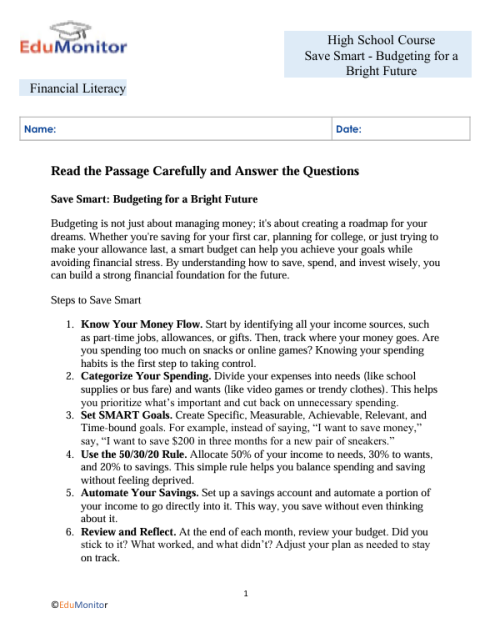 Budgeting for a Bright Future High School Financial Literacy Packet ...