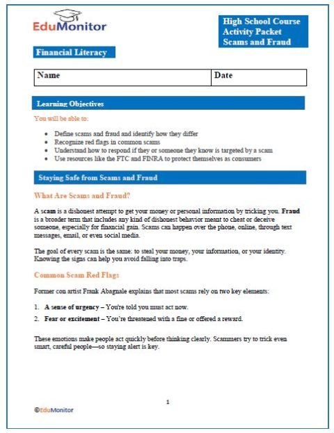 Scams and Fraud Personal Finance High School Activity Packet ...