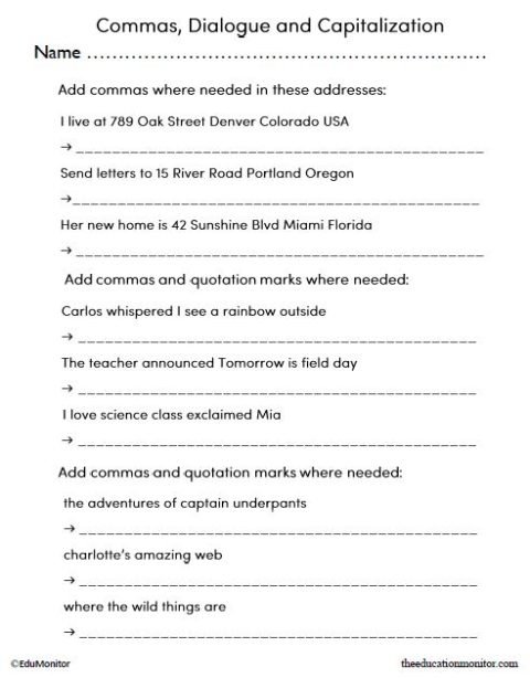 Commas, Dialogue and Capitalization Worksheet for Third Grade ...