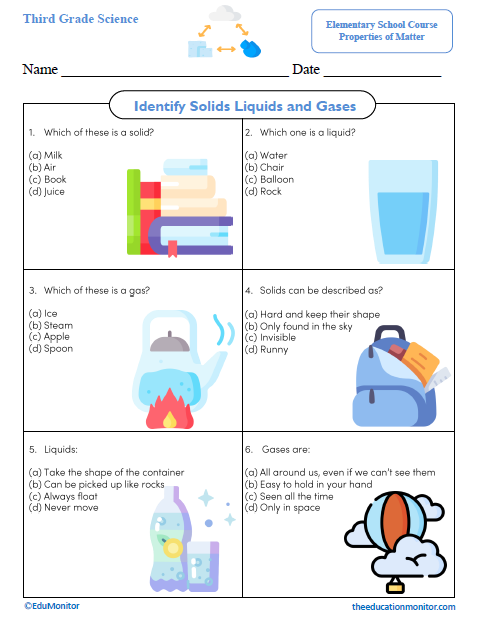Identify Solids Liquids and Gases Third Grade Science Worksheet ...
