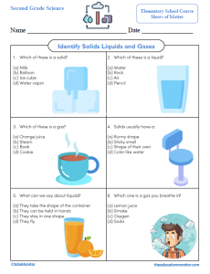 Identify Solids Liquids and Gases Second Grade Worksheet - EduMonitor | Science, Math, Language Arts