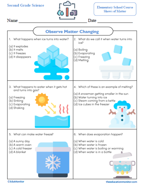 Observe Matter Changing Second Grade Worksheet - EduMonitor | Science ...