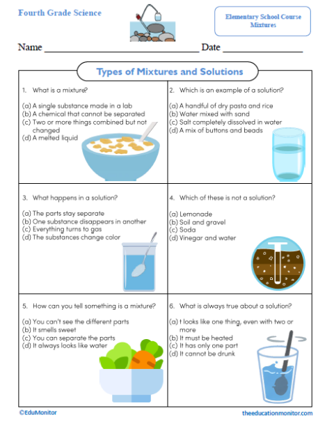Types of Mixtures and Solutions Fourth Grade Science Worksheet ...