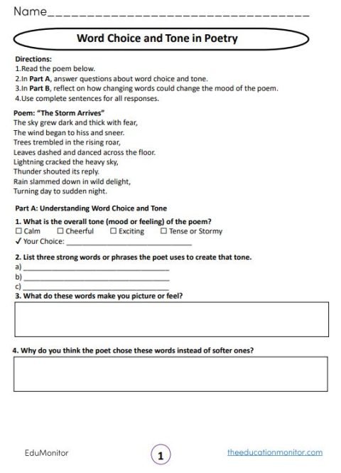 Word Choice and Tone in Poetry Grade 5 Worksheet Activities ...