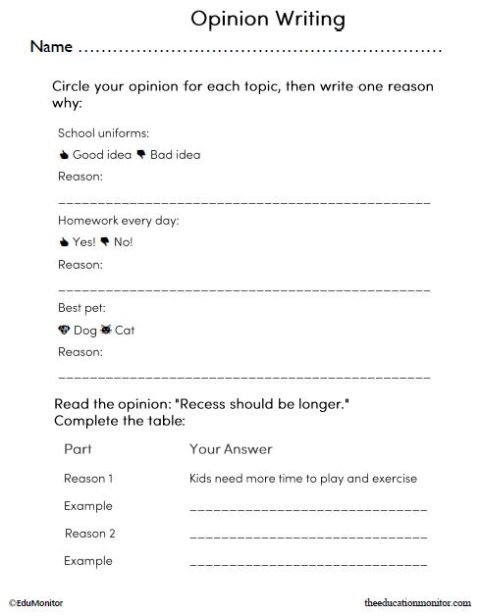 Grade 3 Opinion Writing English Language Arts Worksheet - EduMonitor ...