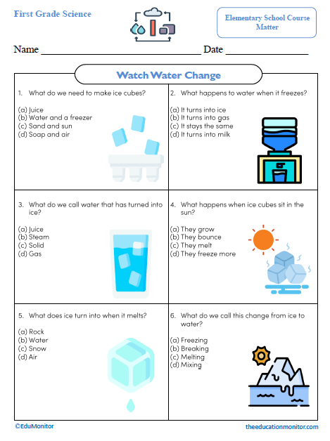 Watch Water Change First Grade Science Worksheet - EduMonitor | Science, Math, Language Arts