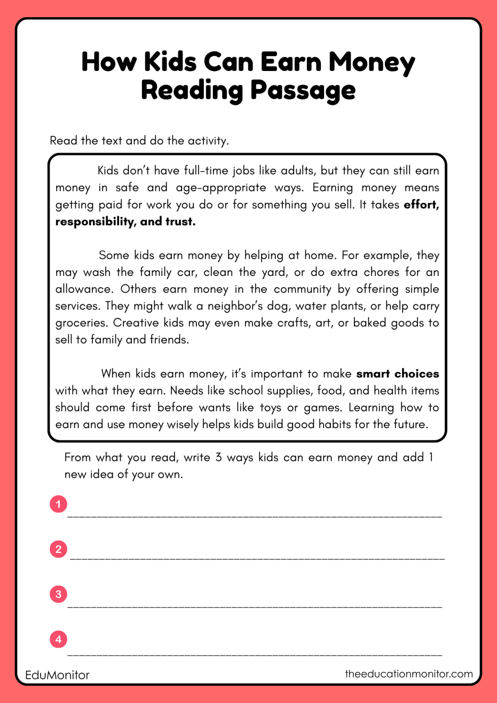 How Kids Can Earn Money 5th Grade Financial Literacy Worksheet ...