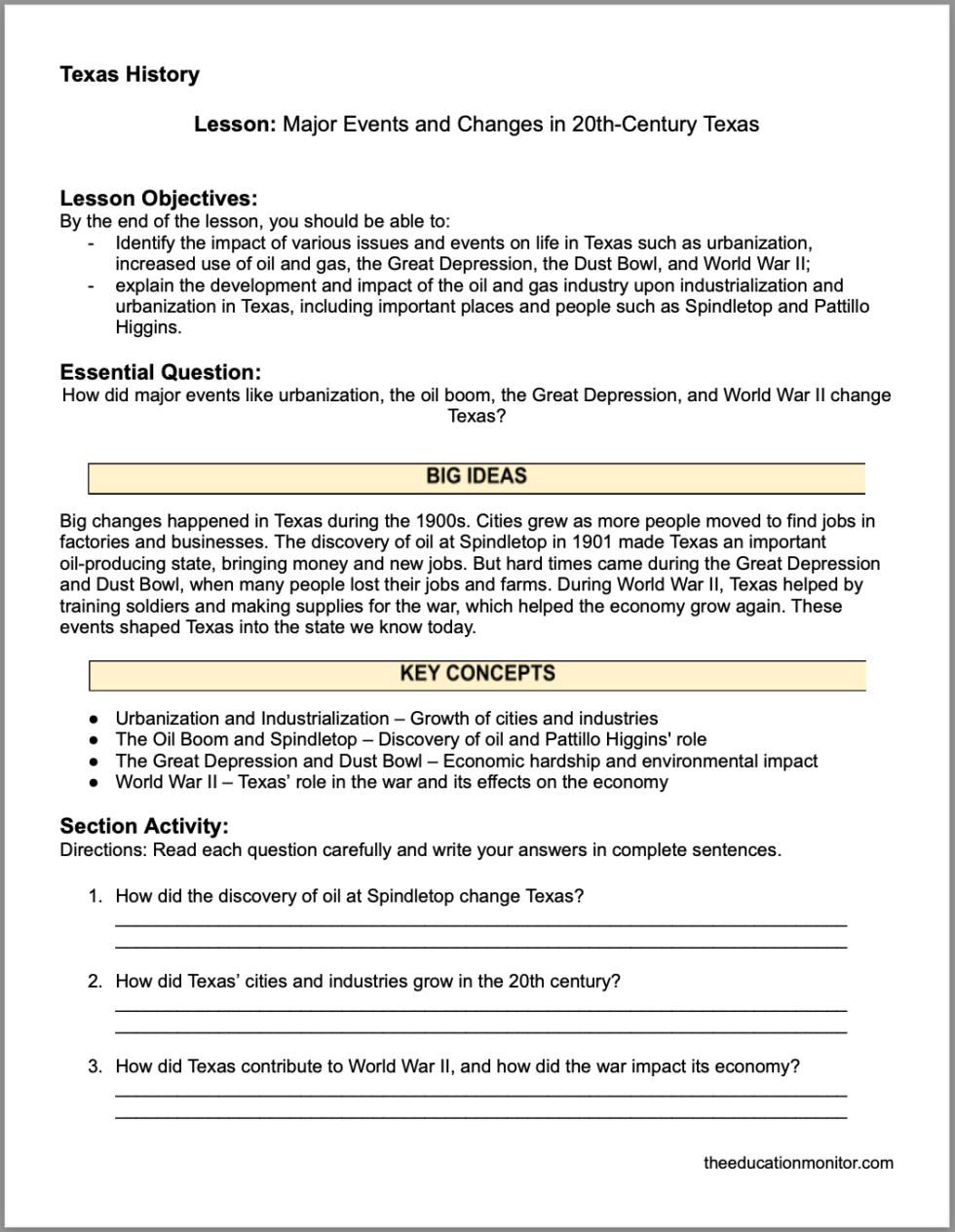 Major Events and Changes in 20th-Century Texas 4th Grade Social Studies ...