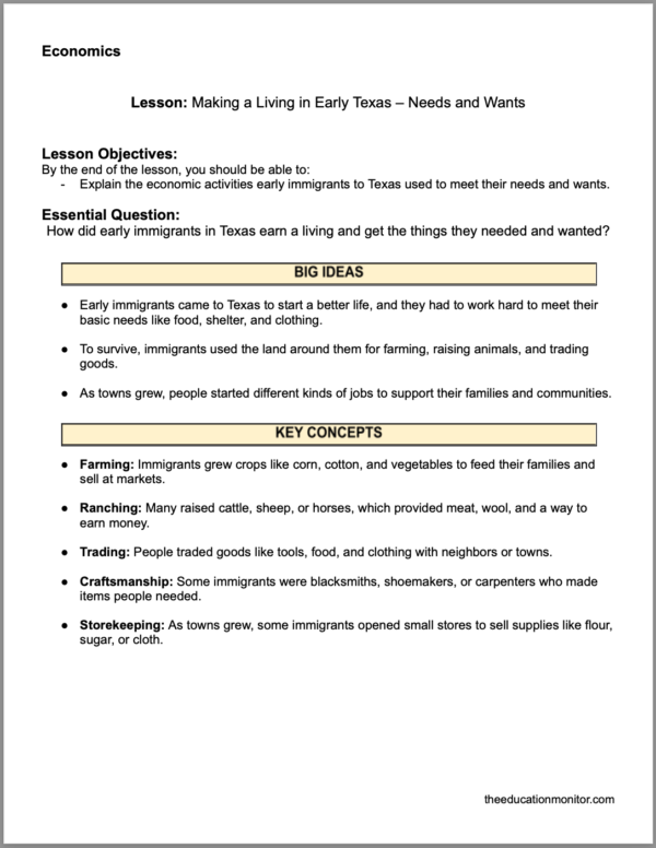 Making a Living in Early Texas – Needs and Wants 4th Grade Social ...