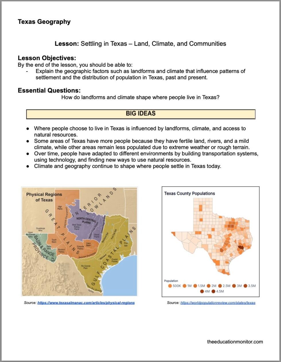 Settling in Texas – Land, Climate and Communities 4th Grade Social ...
