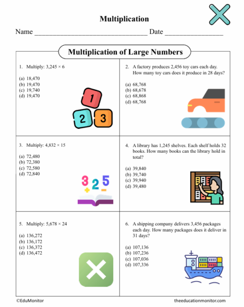 Multiplication of Large Numbers Fifth Grade Math Worksheet - EduMonitor ...