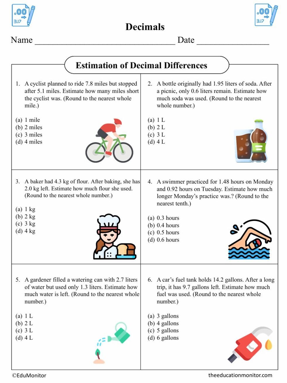 Estimation of Decimal Differences Fifth Grade Math Worksheet ...