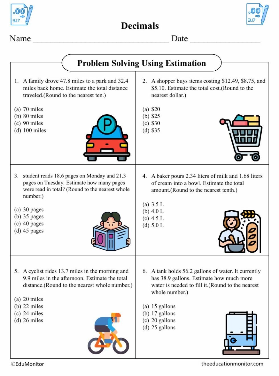 Problem Solving Using Estimation Fifth Grade Math Worksheet ...